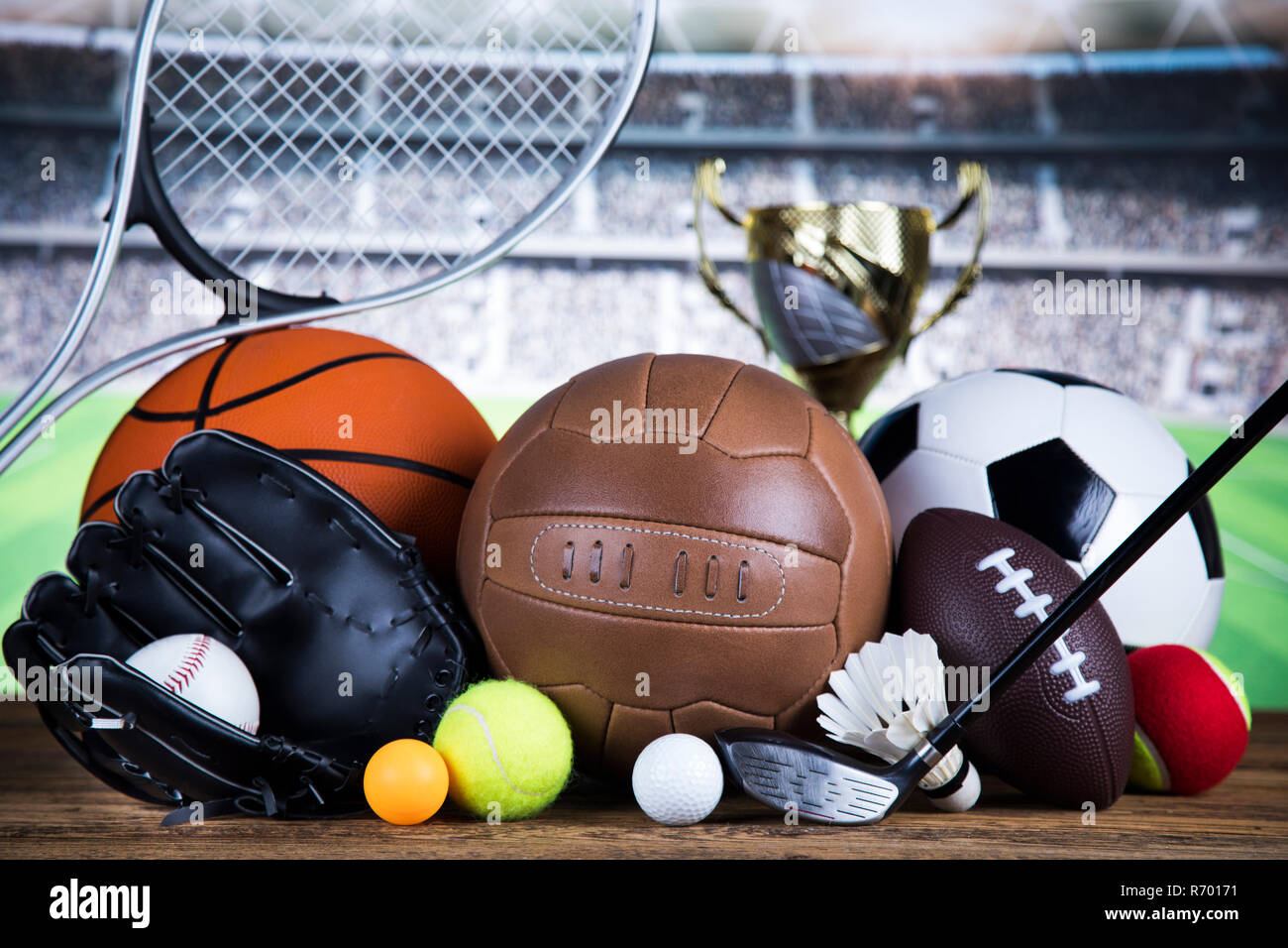 Winner trophy, Sport equipment and balls Stock Photo - Alamy
