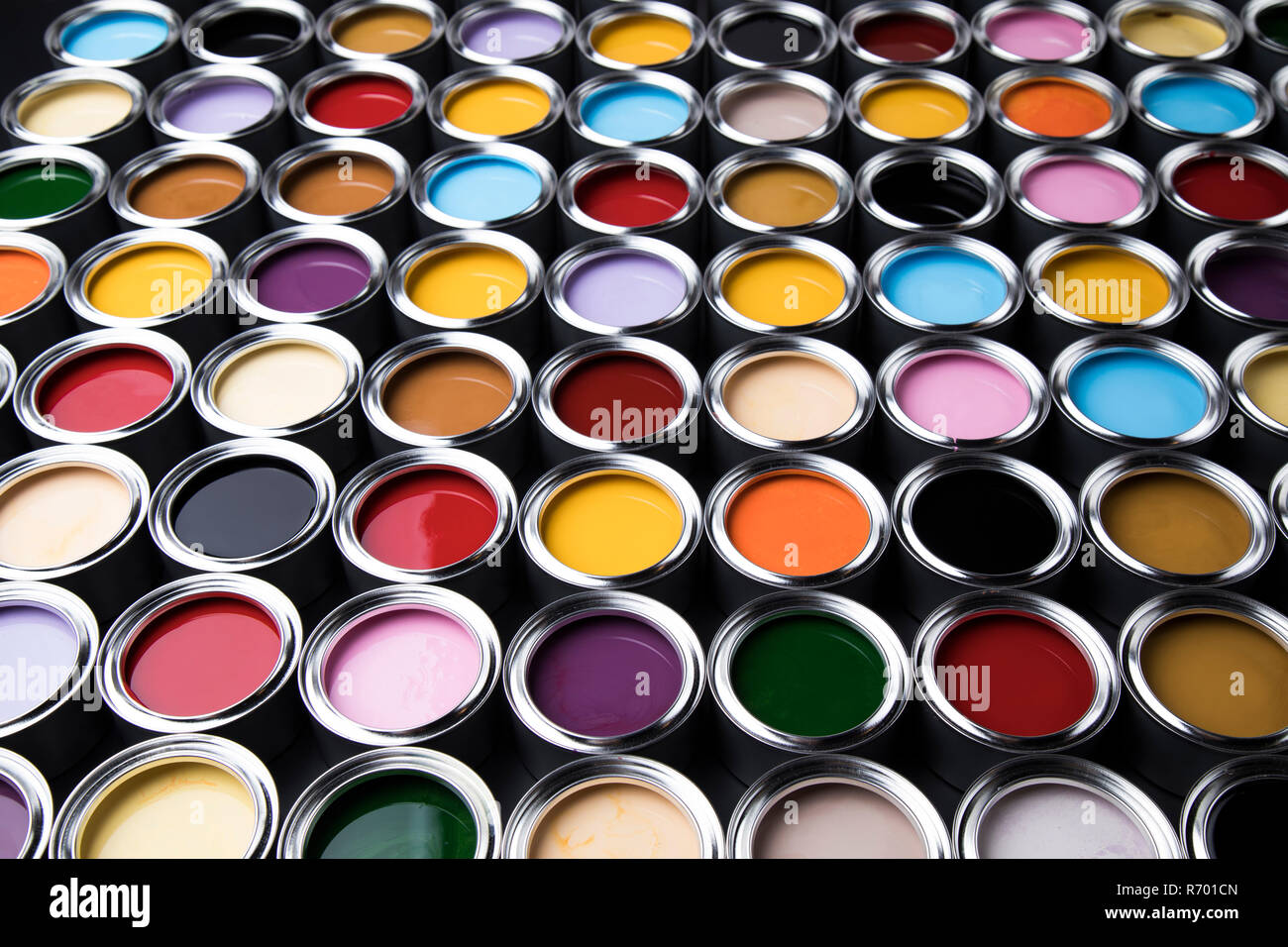 Collection of colored paints cans Stock Photo - Alamy