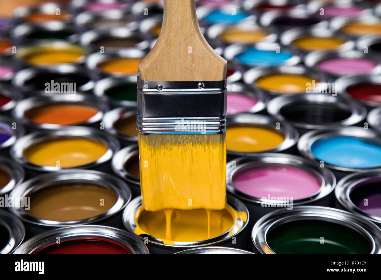 Paint brush, tin can and color guide samples Stock Photo - Alamy