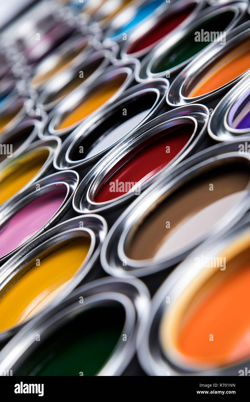 Creativity concept group of tin metal cans with color paint Stock Photo ...