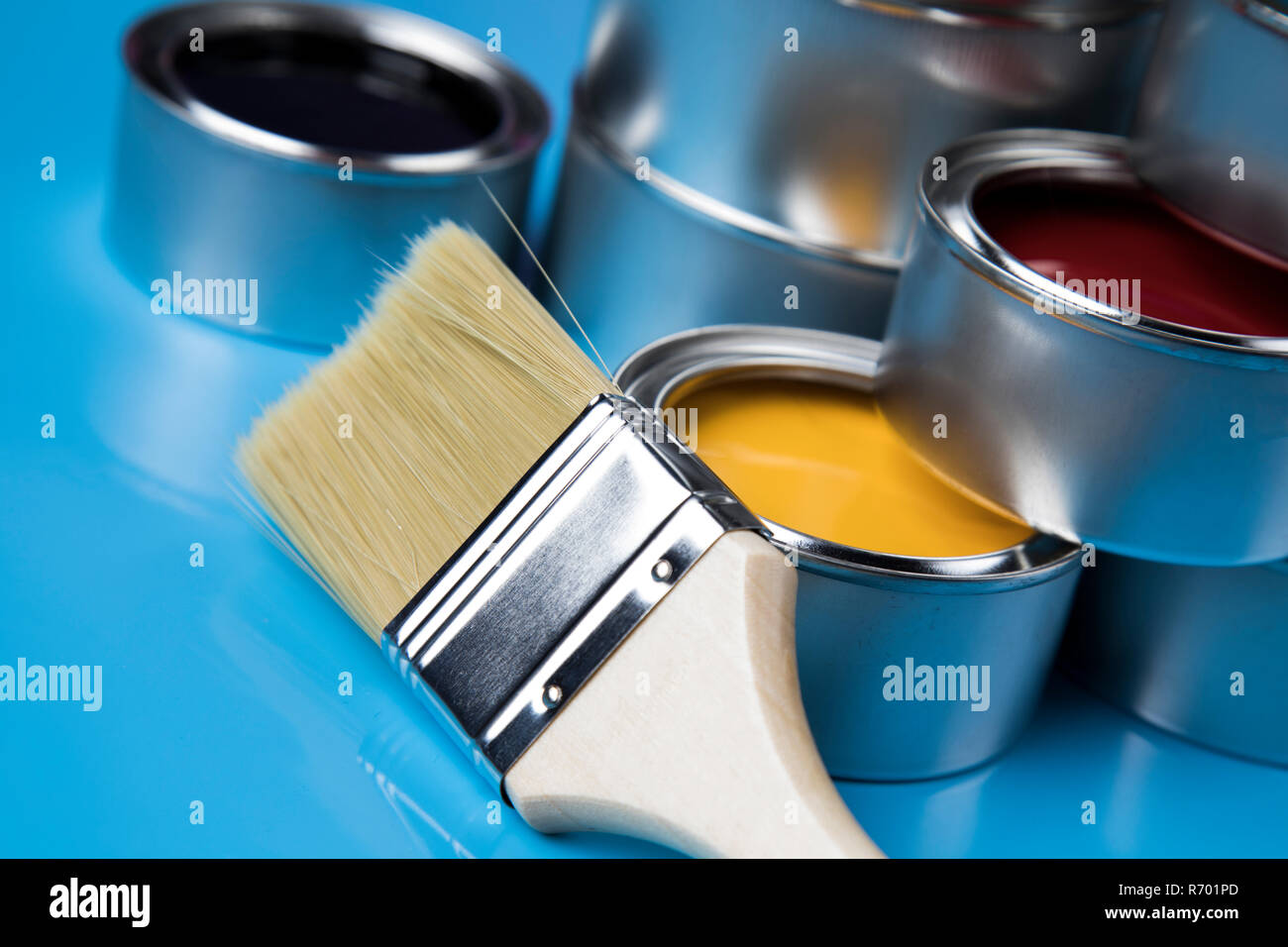 Open paint cans with a brush, Rainbow colors Stock Photo - Alamy