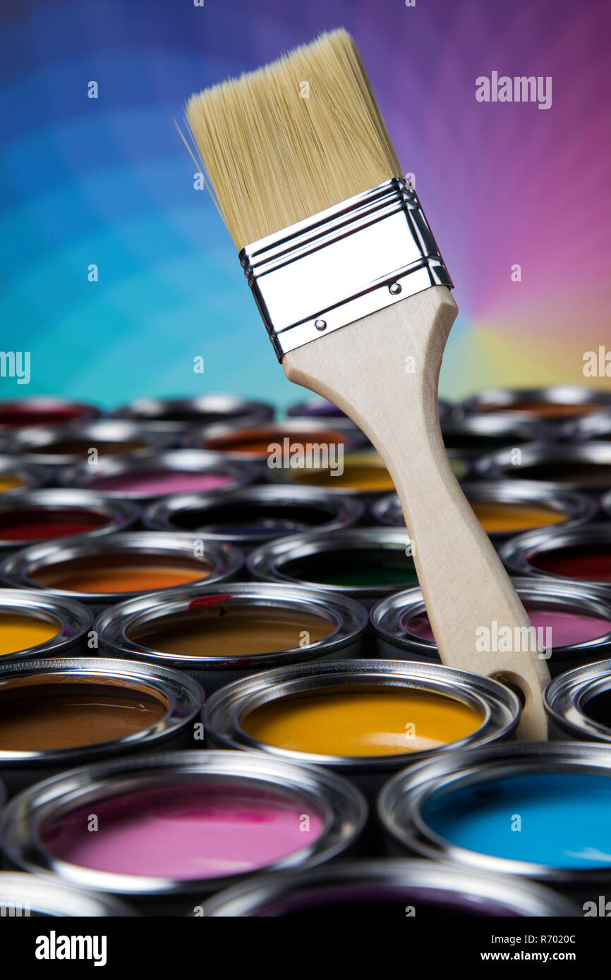 Open paint cans with a brush, Rainbow colors Stock Photo - Alamy