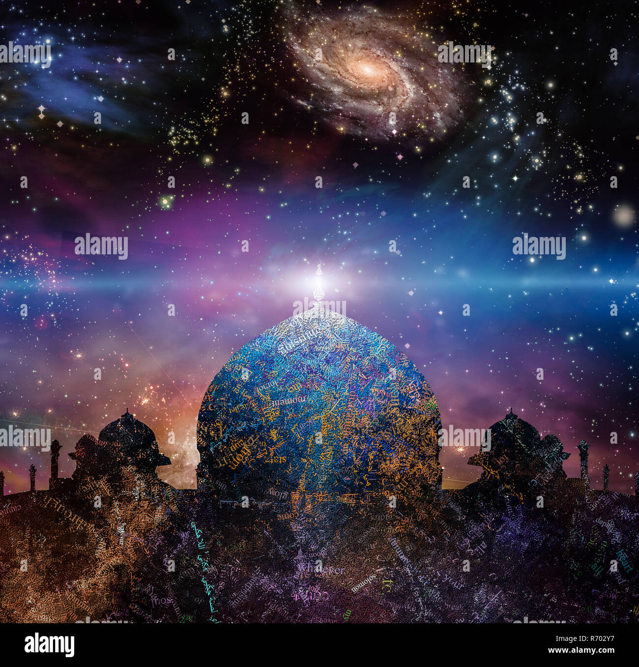 Temple in eastern style. Universe with galaxies on a background Stock ...