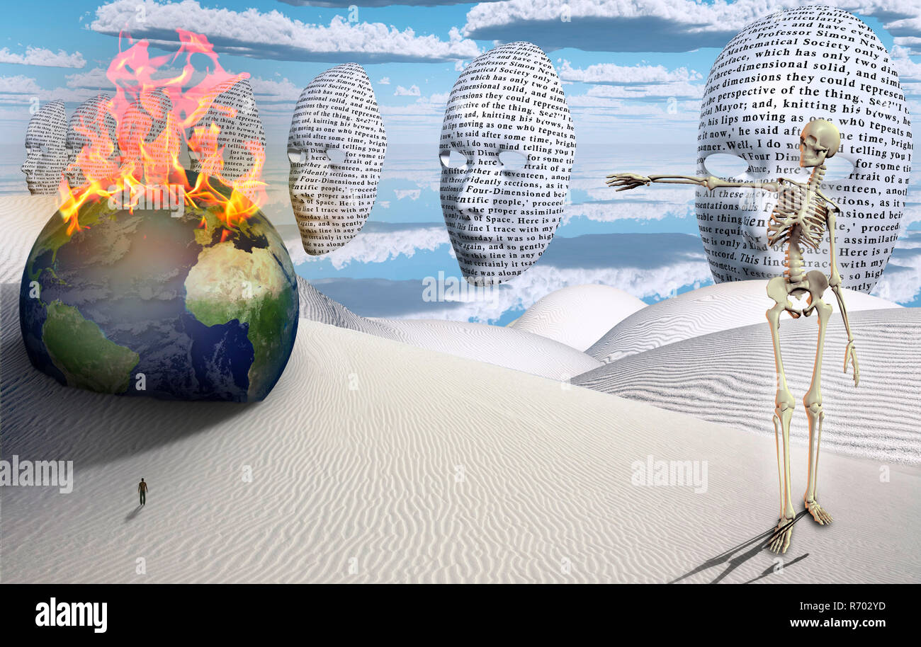 Surreal white desert. Figure of man in a distance. Masks floats in the ...