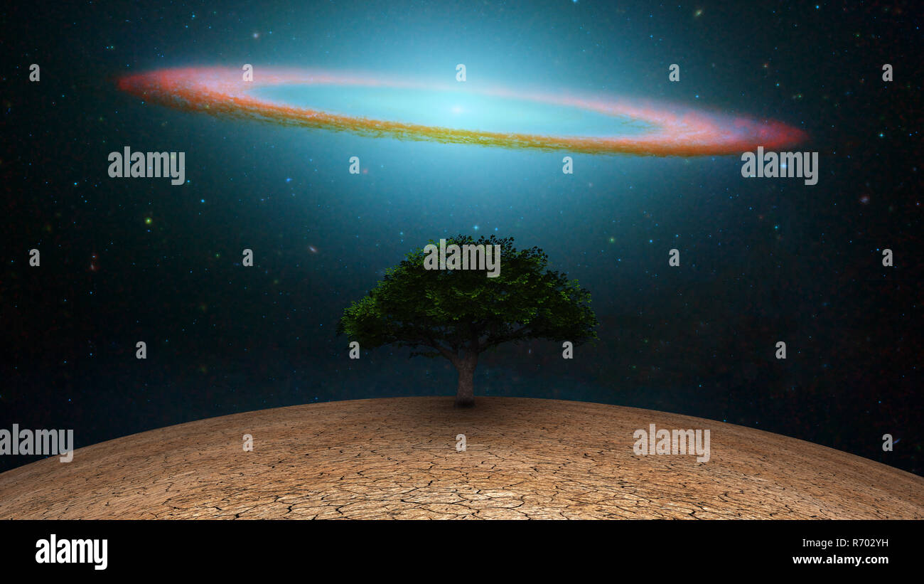 Tree of Life. Surrealism. Green tree in arid land. Galactic disk in ...