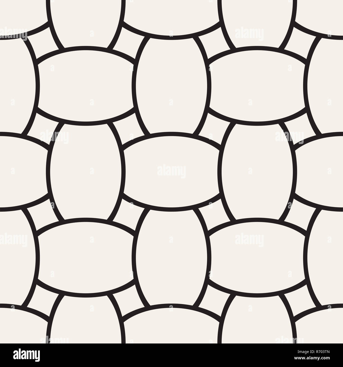 Vector geometric seamless pattern with curved shapes grid. Abstract monochrome rounded lattice ...