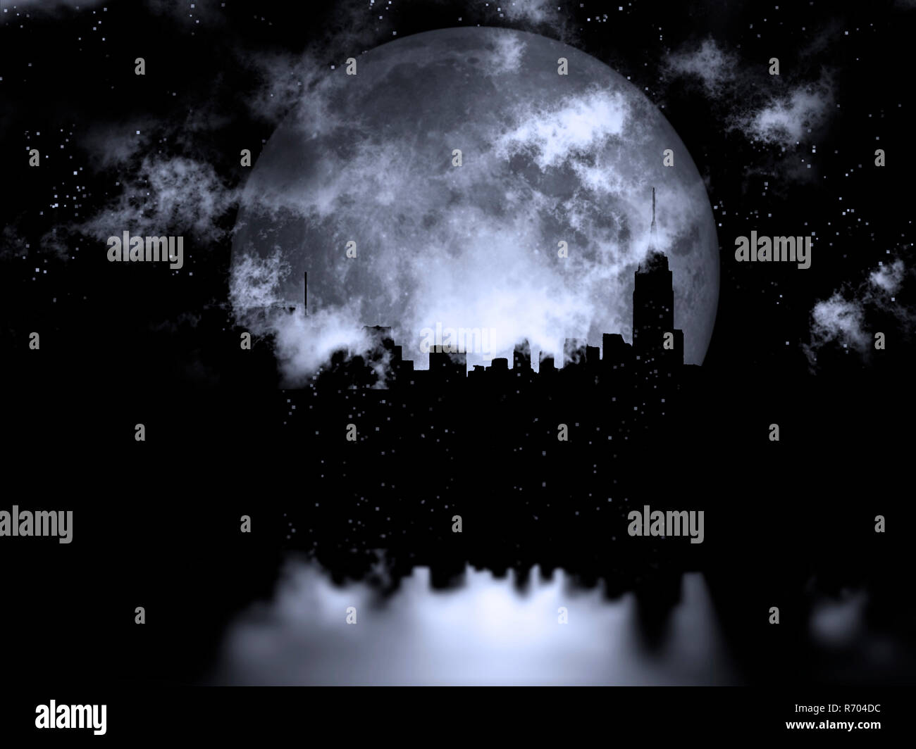 3D rendering. Full moon over night city Stock Photo - Alamy