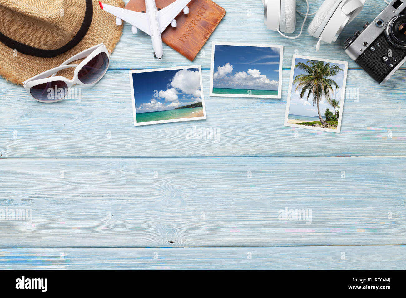 Travel vacation background concept with sun hat, camera, passport ...