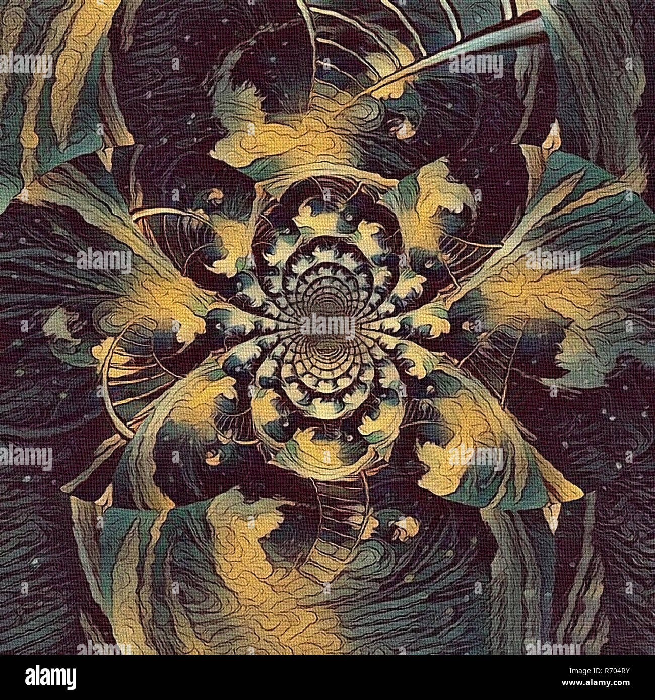 Abstract painting. Mirrored round fractal with shining light and ladder ...