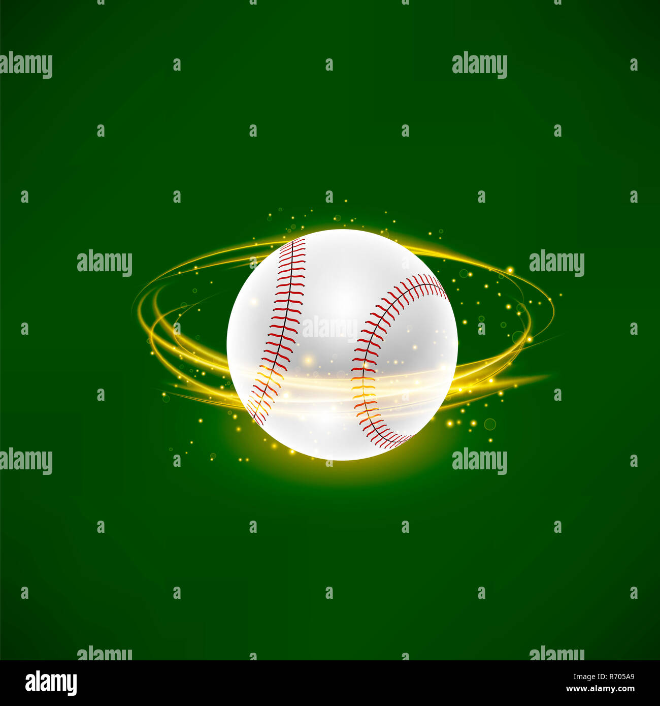 Flying Baseball Ball with Yellow Sparkles on Green Background Stock ...