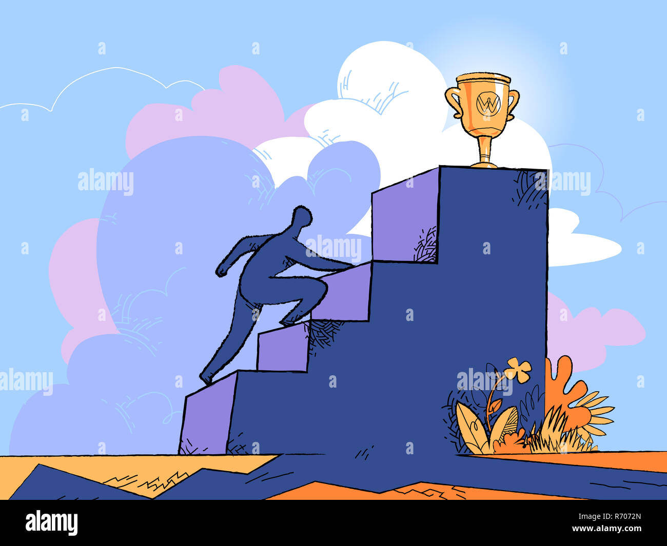 A man try to catch the trophy at the top of the stairs Stock Photo - Alamy
