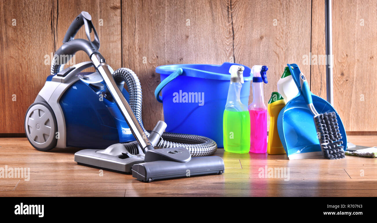 Variety of detergent bottles and chemical cleaning supplies Stock Photo ...