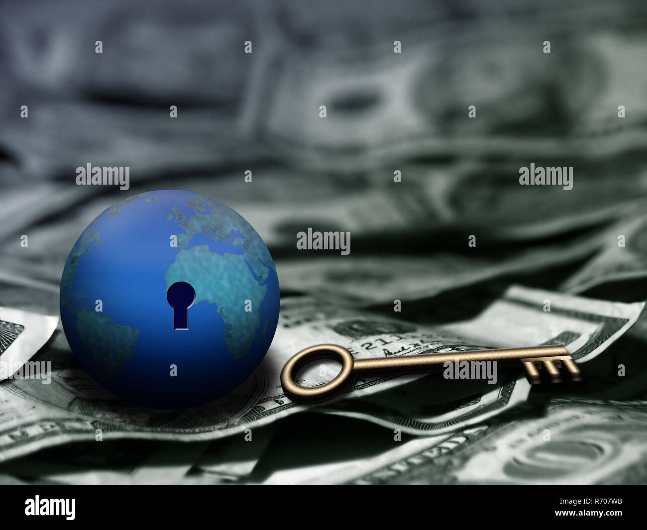 Globe with keyhole and key on US dollars Stock Photo - Alamy
