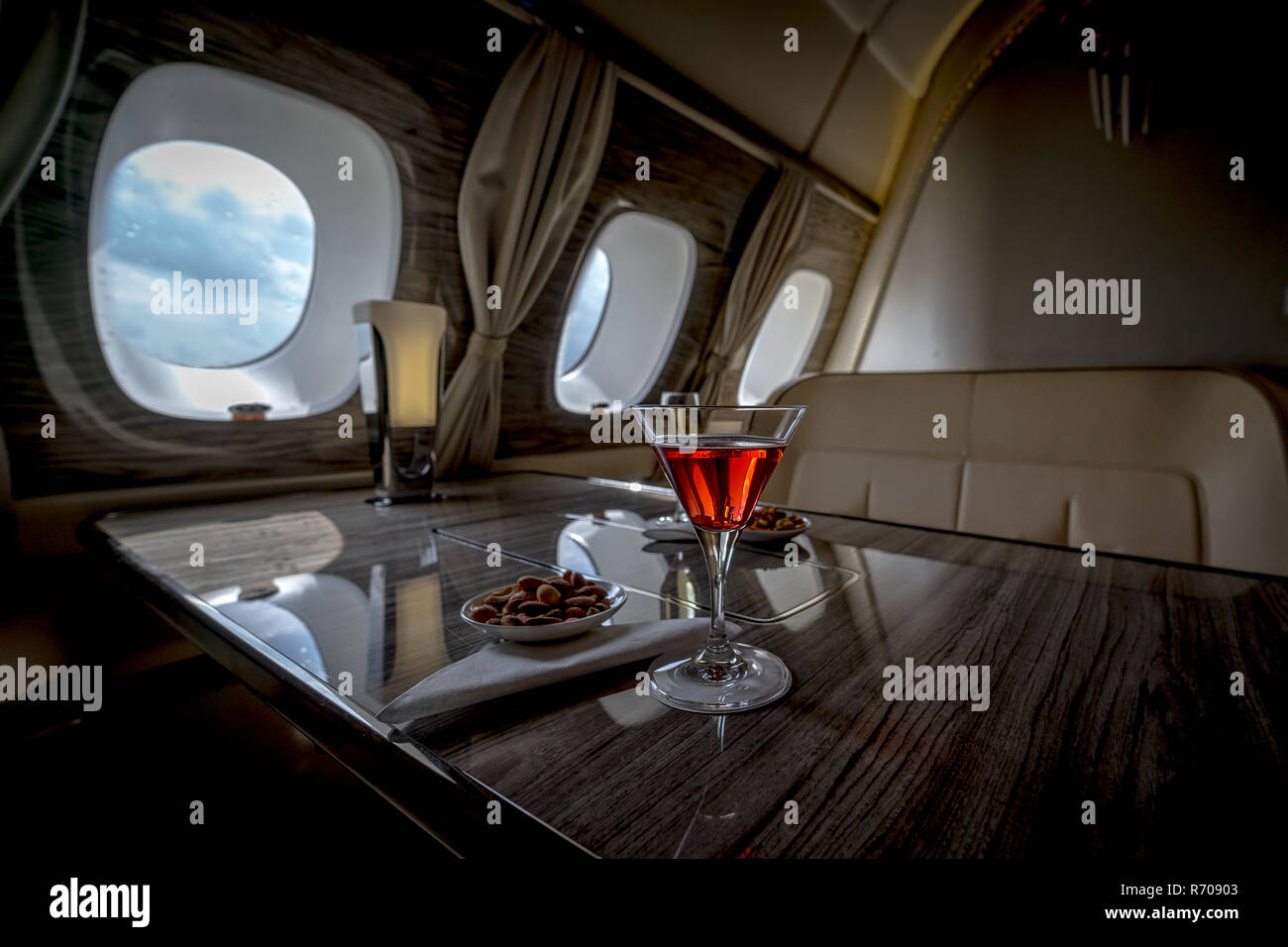 Interior of a business class of a commercial passenger plane, an ...