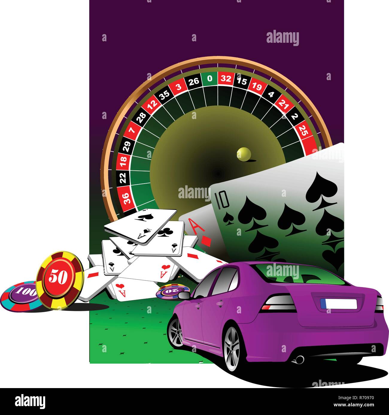 Casino elements with purple luxury sedan car . Vector illustration ...