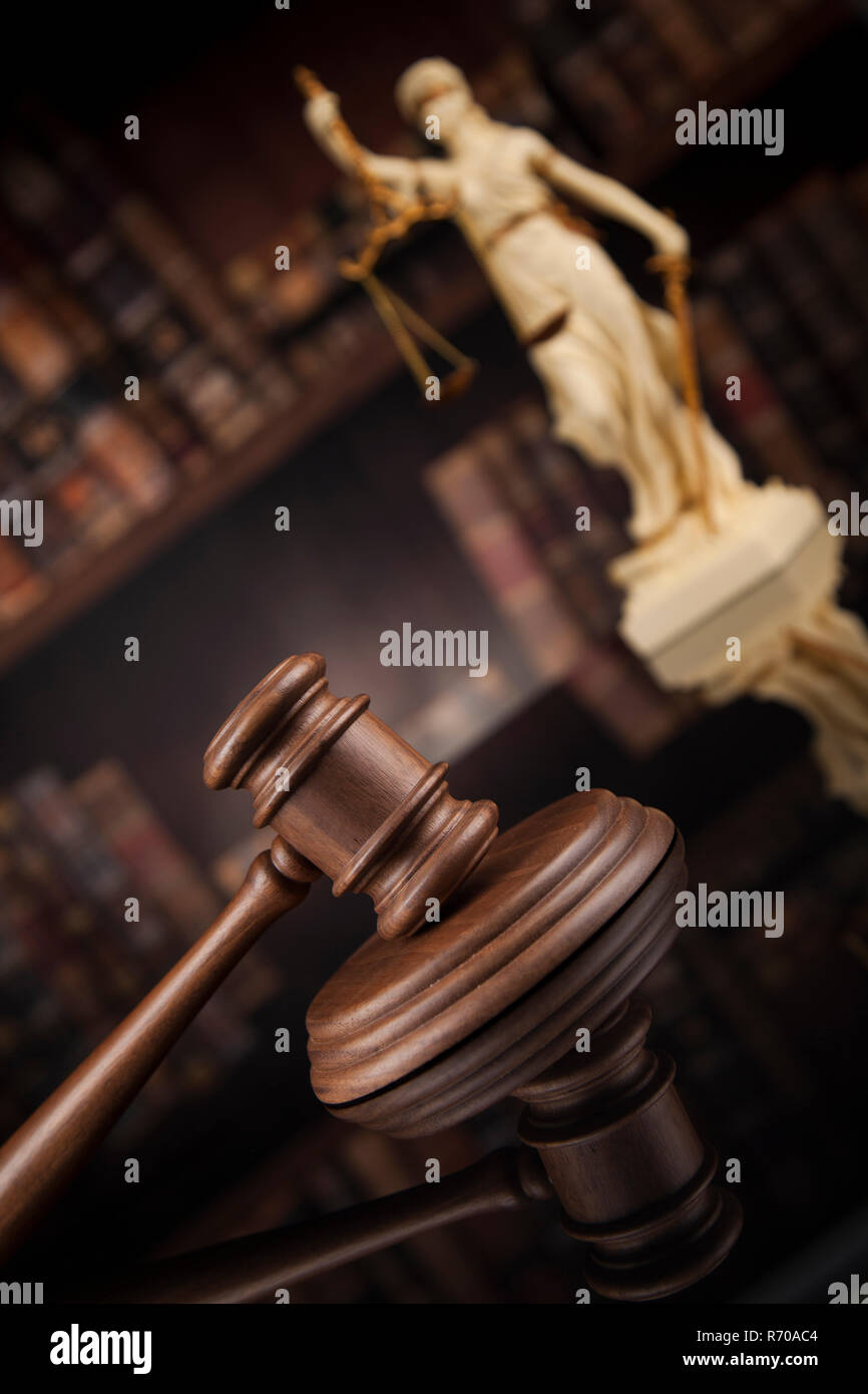 Antique statue of justice, law, books background Stock Photo - Alamy