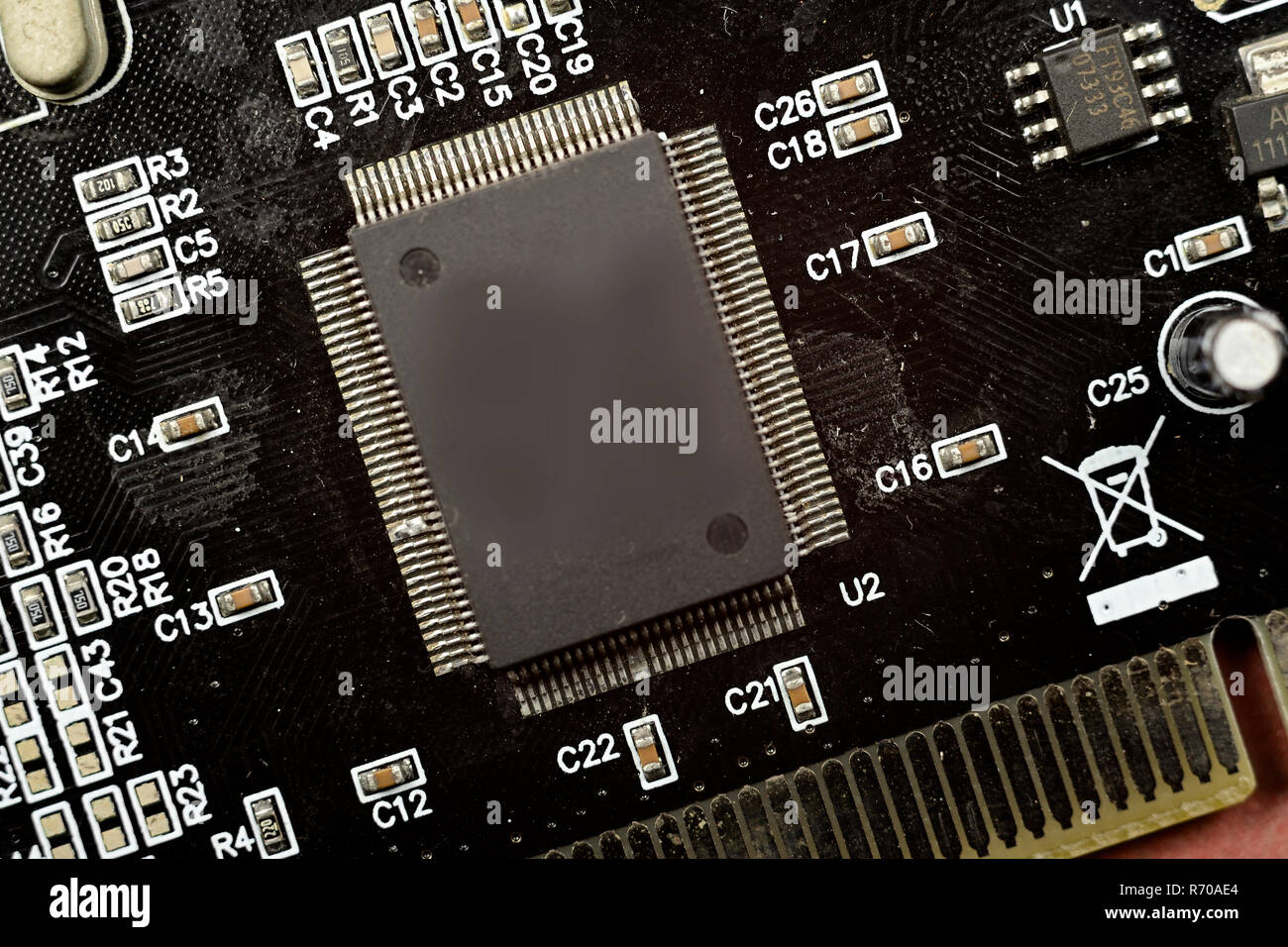 Close-up of electronic chip in desktop computer motherboard circuit ...