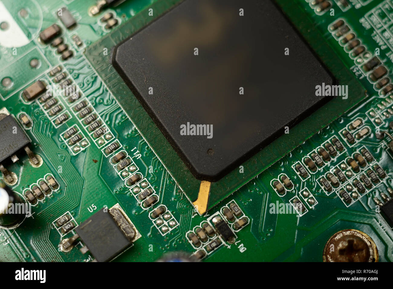 Close-up of electronic chip in desktop computer motherboard circuit ...