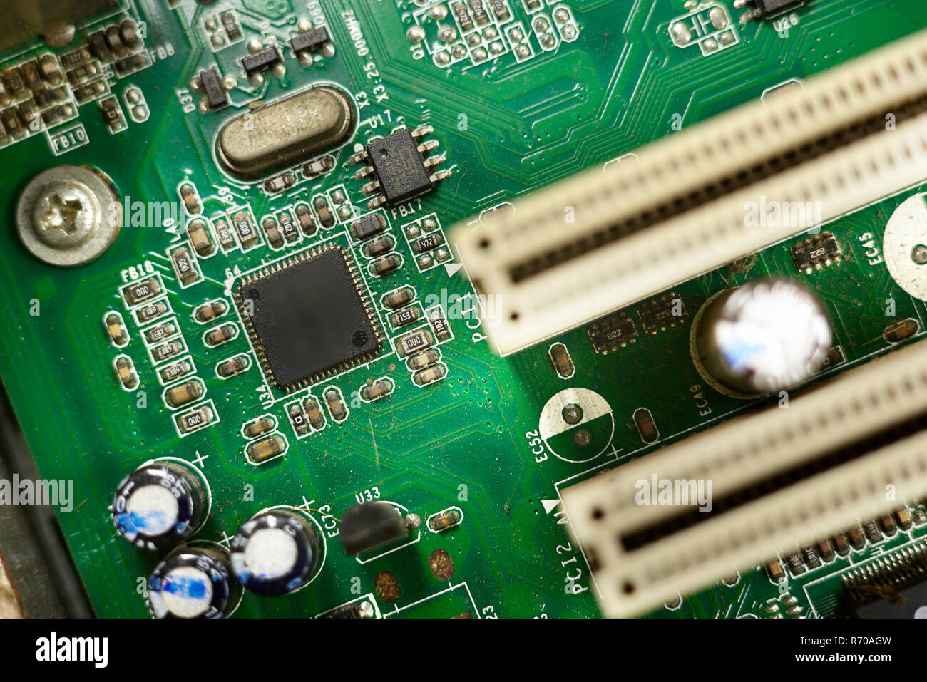 Close-up of electronic chip in desktop computer motherboard circuit ...