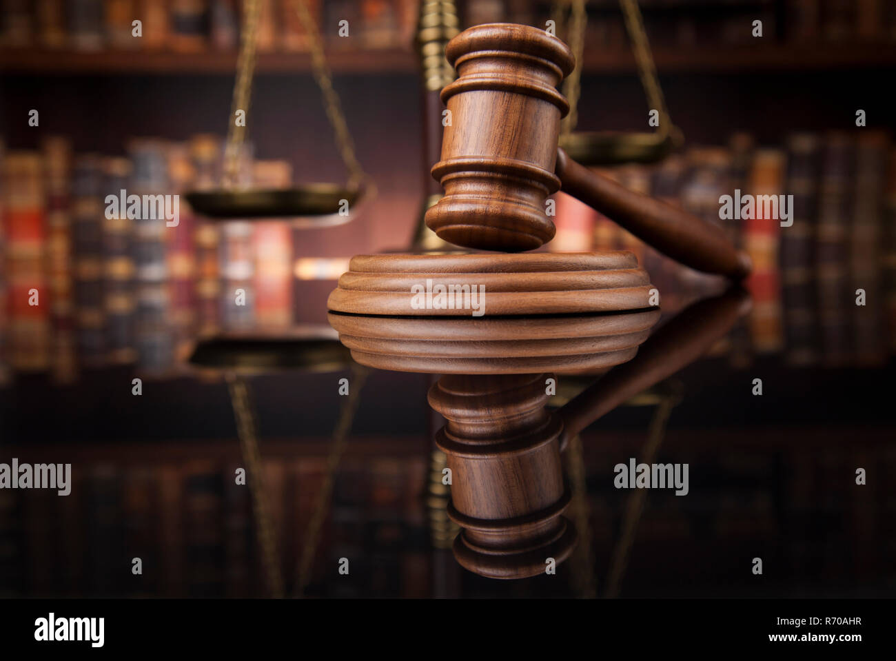 Law books, mallet of the judge, Courtroom background Stock Photo - Alamy