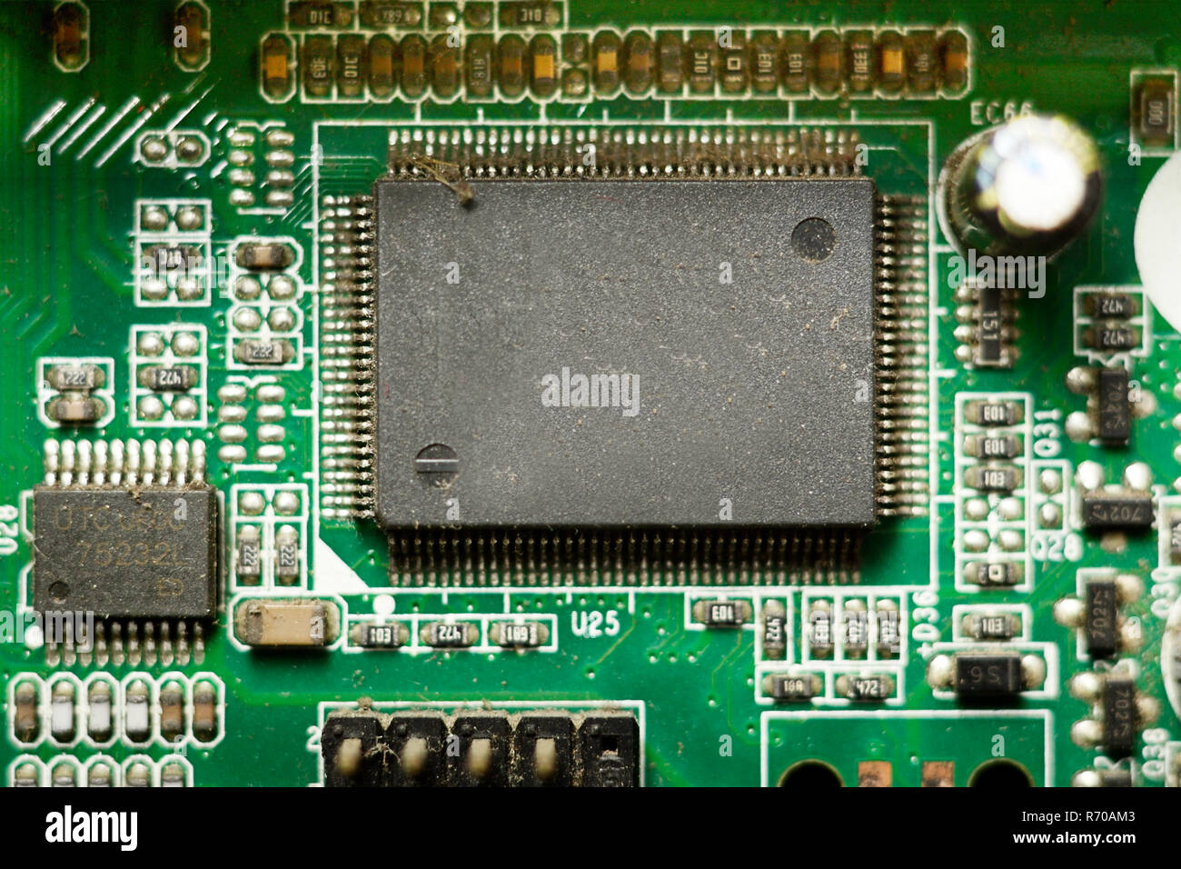 Close-up of electronic chip in desktop computer motherboard circuit ...