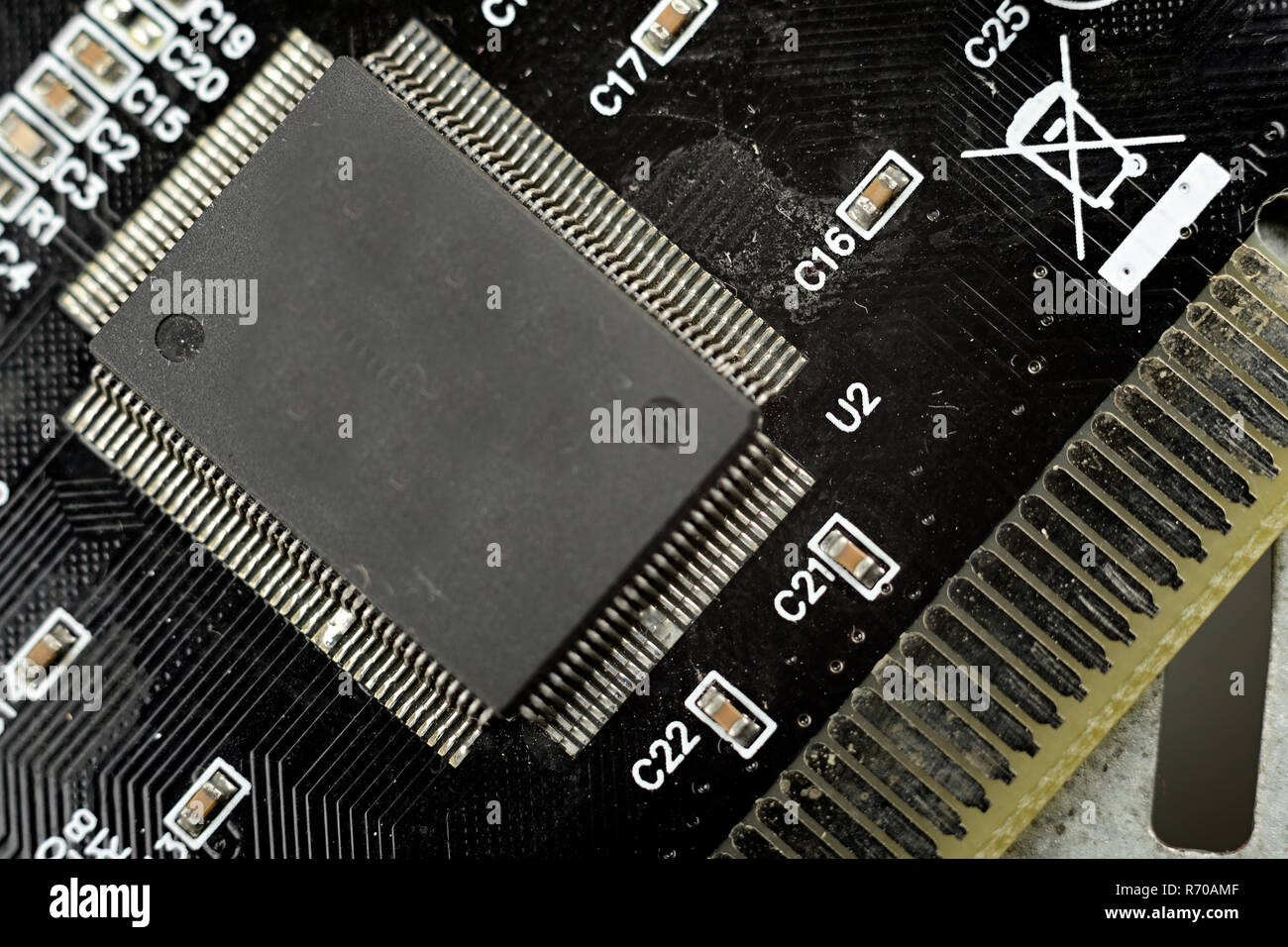 Close-up of electronic chip in desktop computer motherboard circuit ...