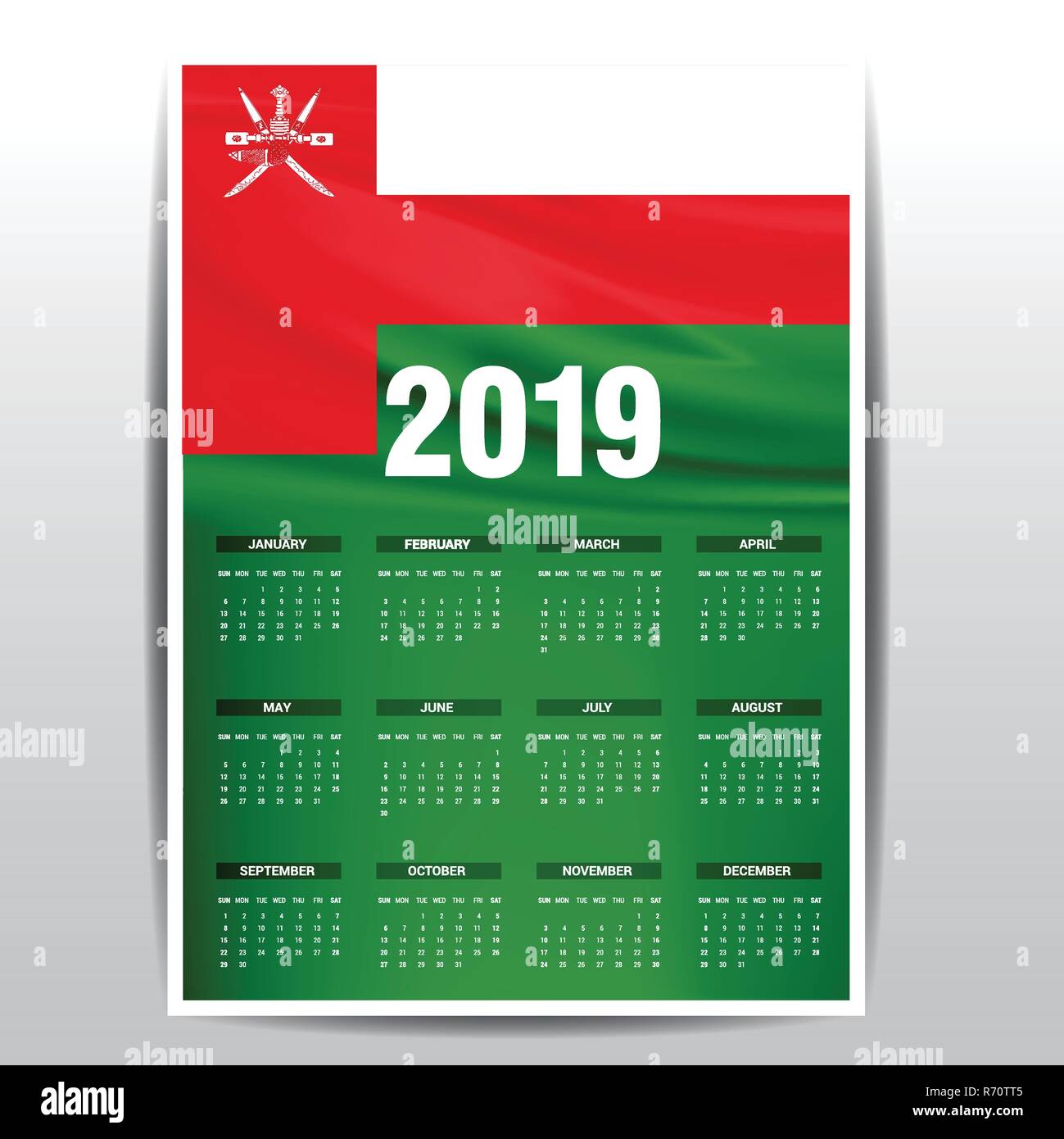 Calendar 2019 Oman Flag background. English language Stock Vector Image ...