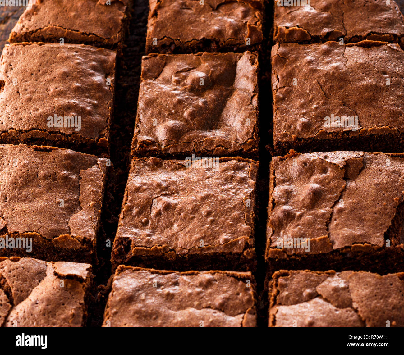 baked rectangular chocolate brownie pie is cut into squares Stock Photo ...
