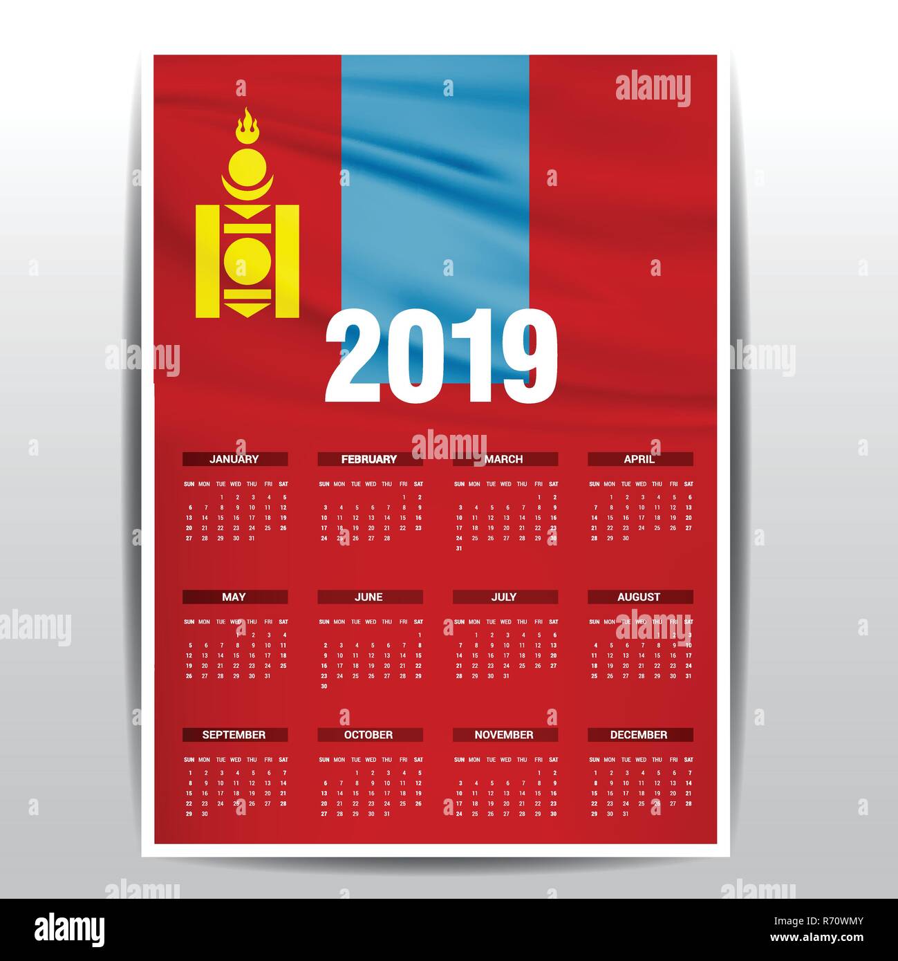Calendar 2019 Mongolia Flag background. English language Stock Vector ...
