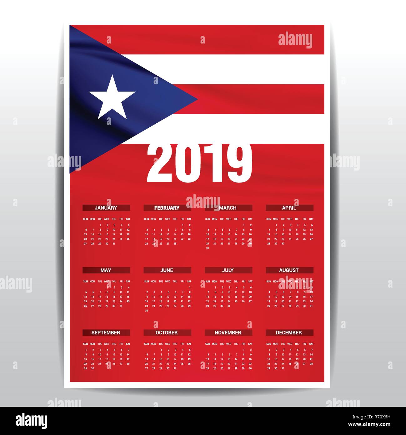 Calendar 2019 Puerto Rico Flag background. English language Stock ...