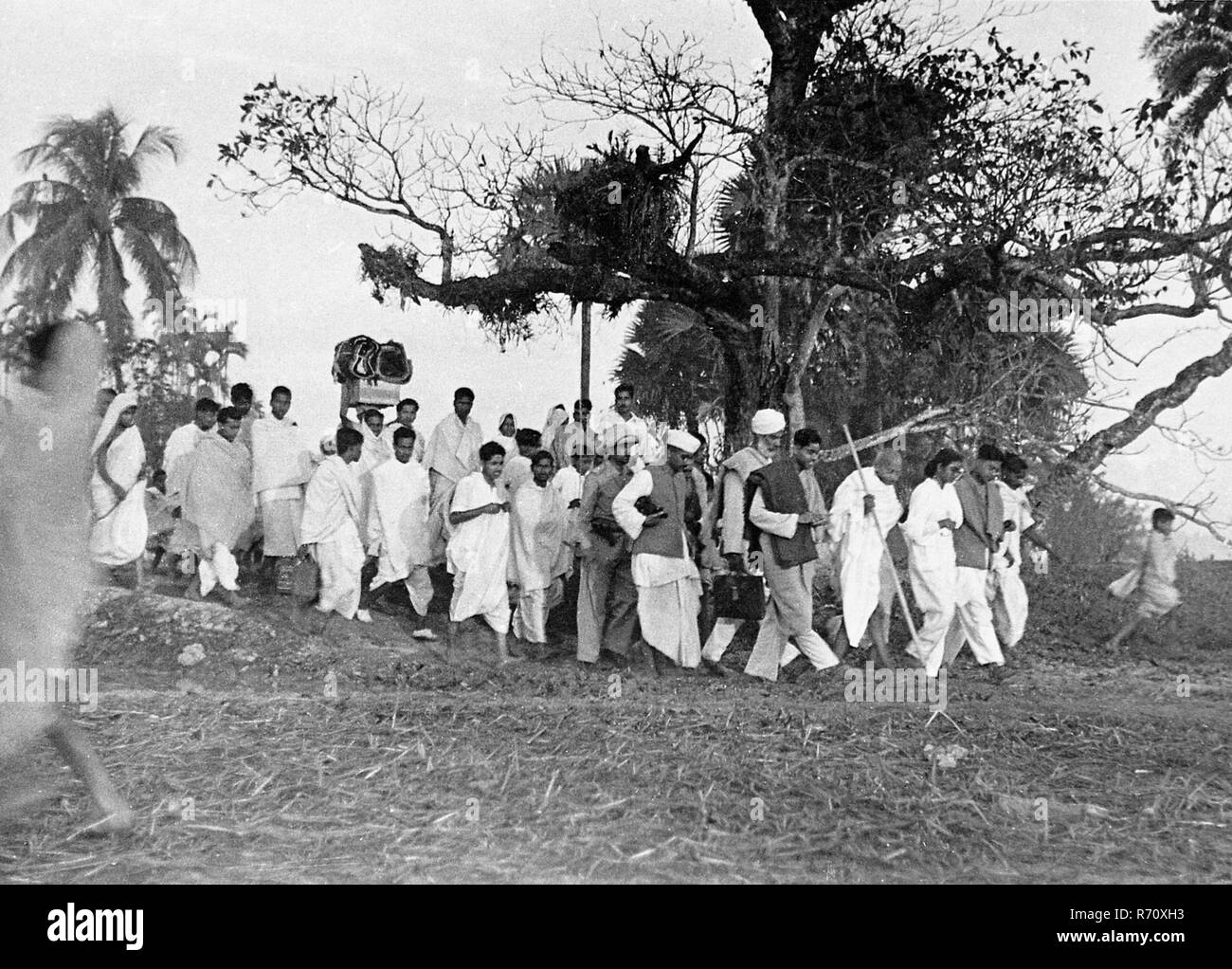 Mahatma Gandhi during his peace march in Noakhali, West Bengal, India ...