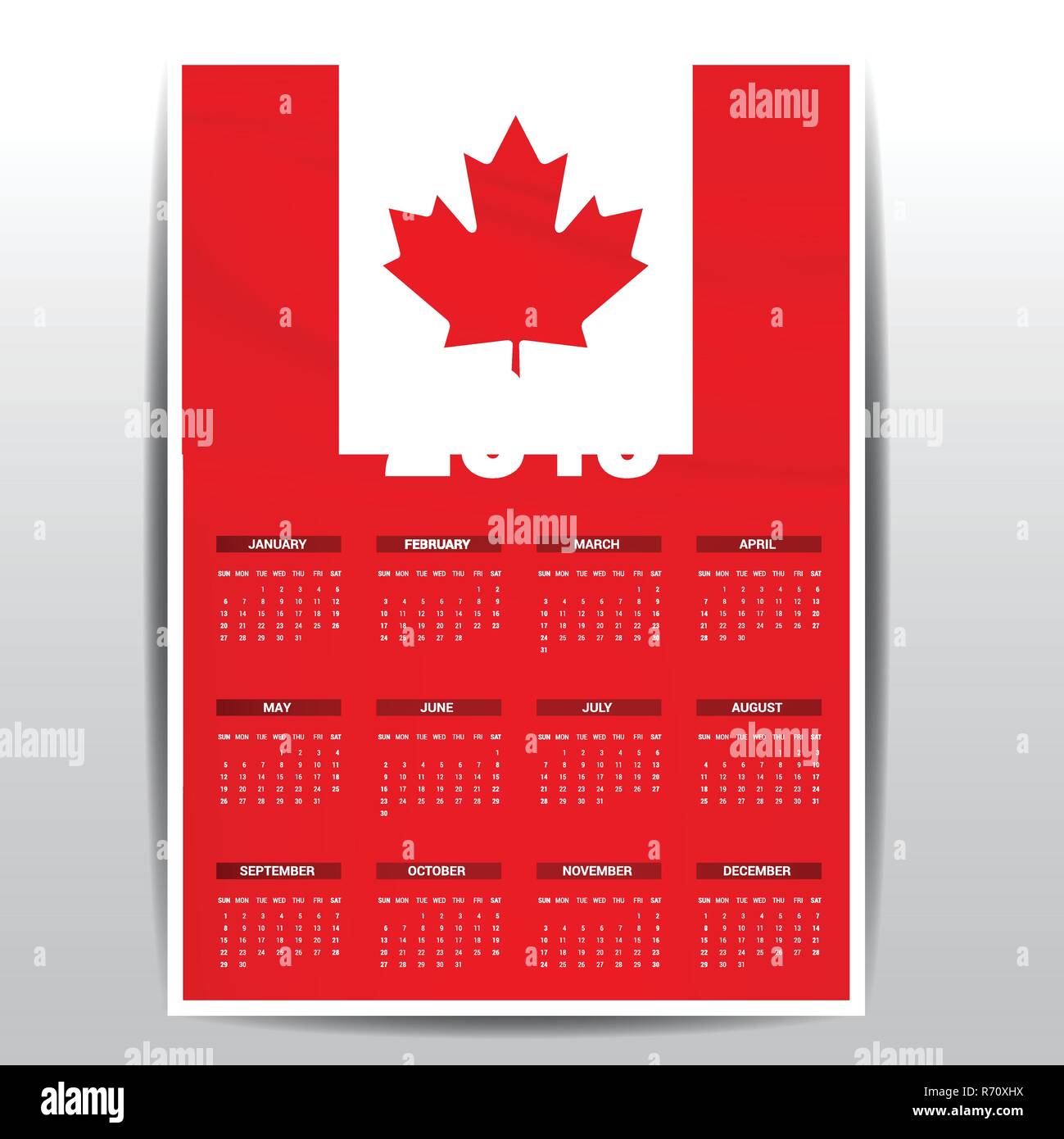 Calendar 2019 Canada Flag background. English language Stock Vector ...