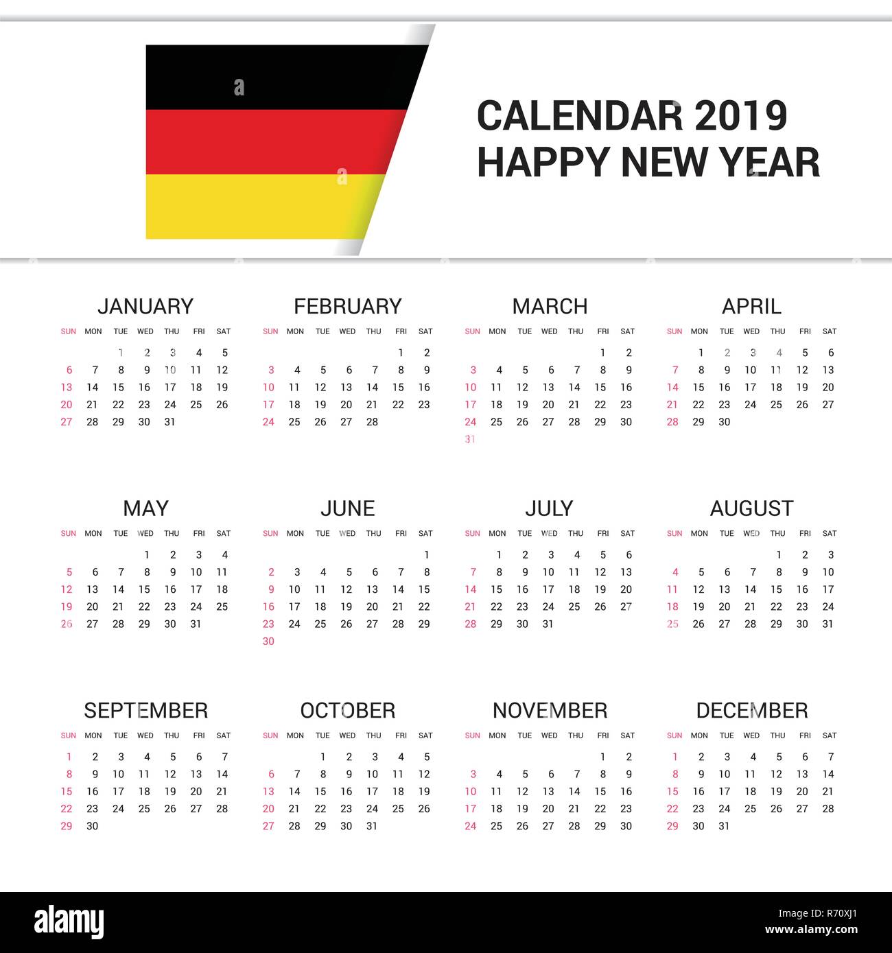 Calendar 2019 Germany Flag background. English language Stock Vector ...