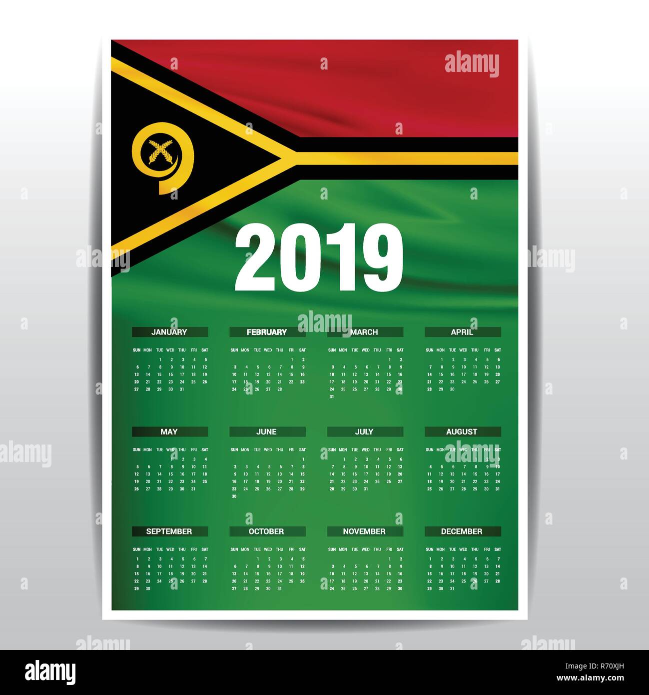Calendar 2019 Vanuatu Flag background. English language Stock Vector ...