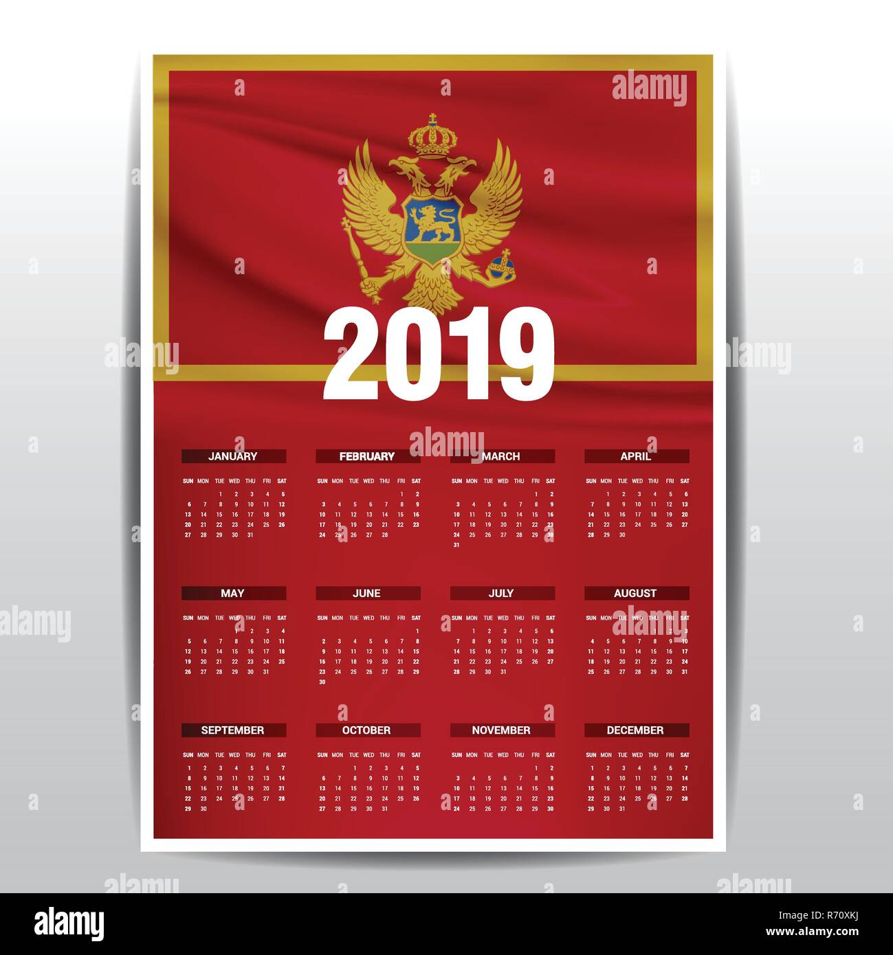 Calendar 2019 Montenegro Flag background. English language Stock Vector ...