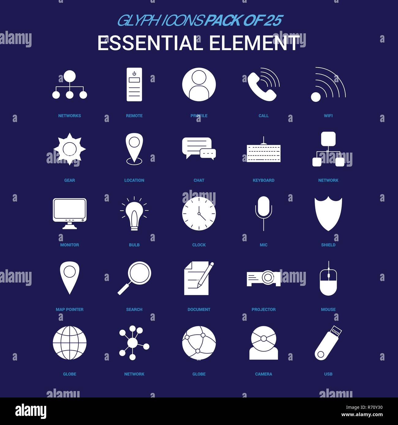 Essential Element White icon over Blue background. 25 Icon Pack Stock ...