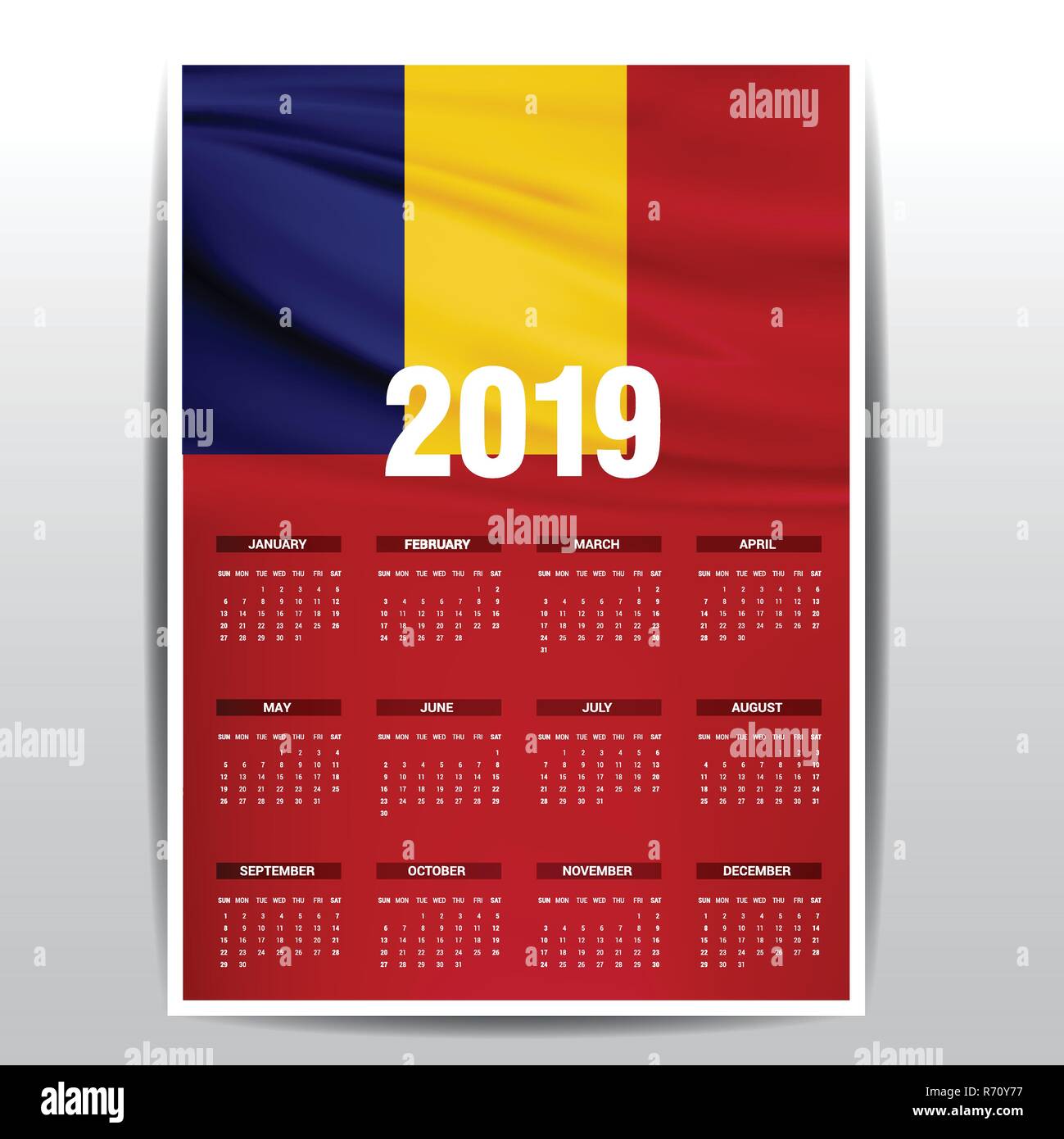 Calendar 2019 Romania Flag background. English language Stock Vector ...