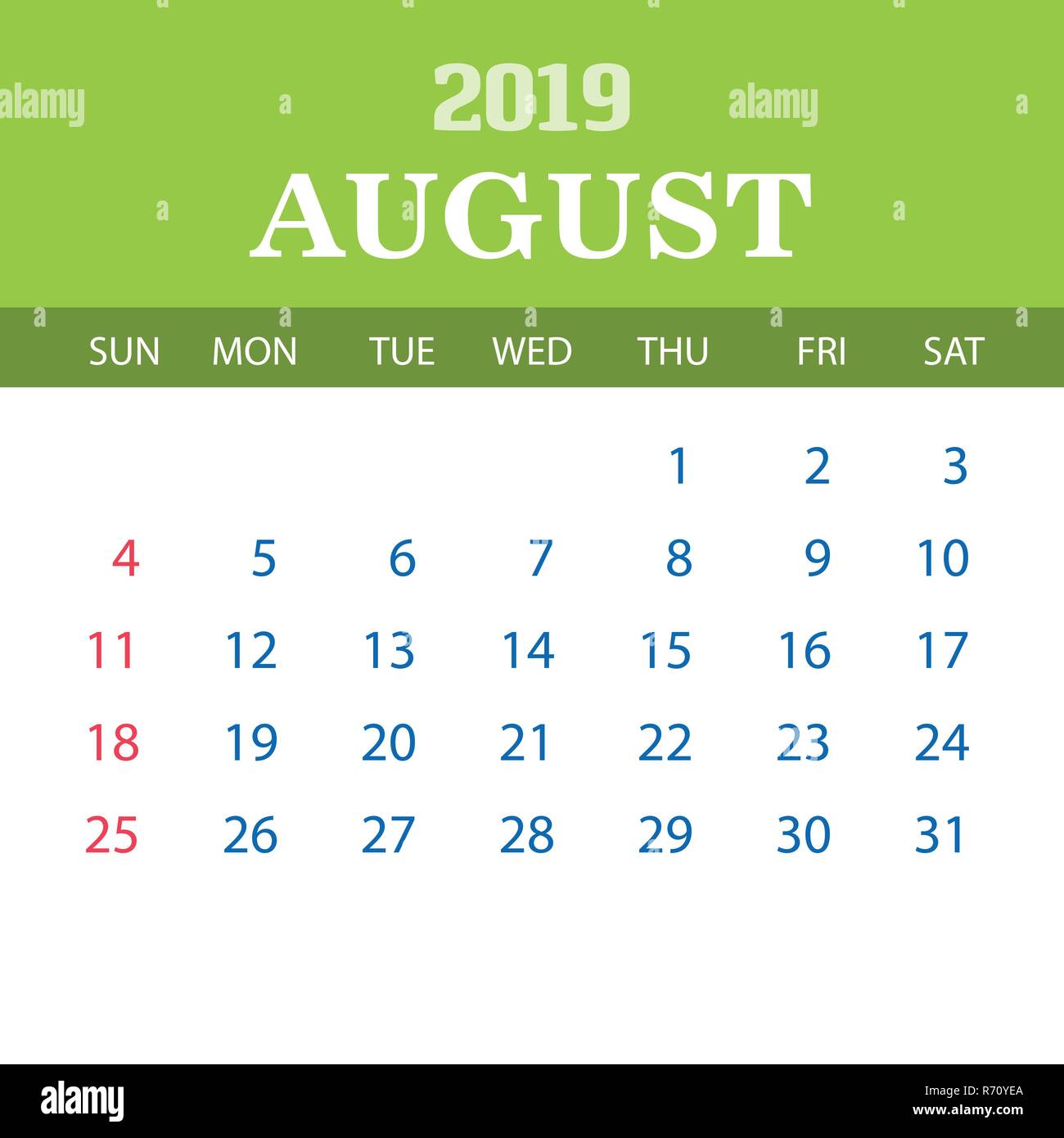2019 Calendar Template - August Stock Vector Image & Art - Alamy