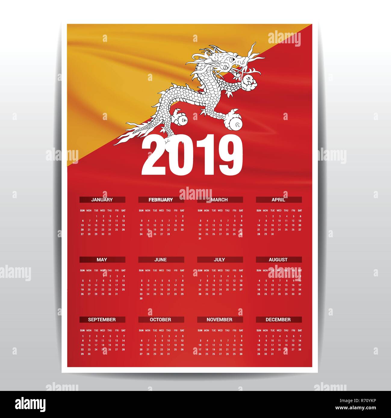 Calendar 2019 Bhutan Flag background. English language Stock Vector ...