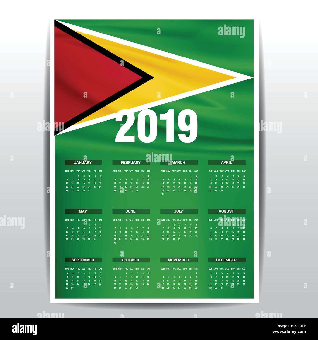 Calendar 2019 Guyana Flag background. English language Stock Vector ...