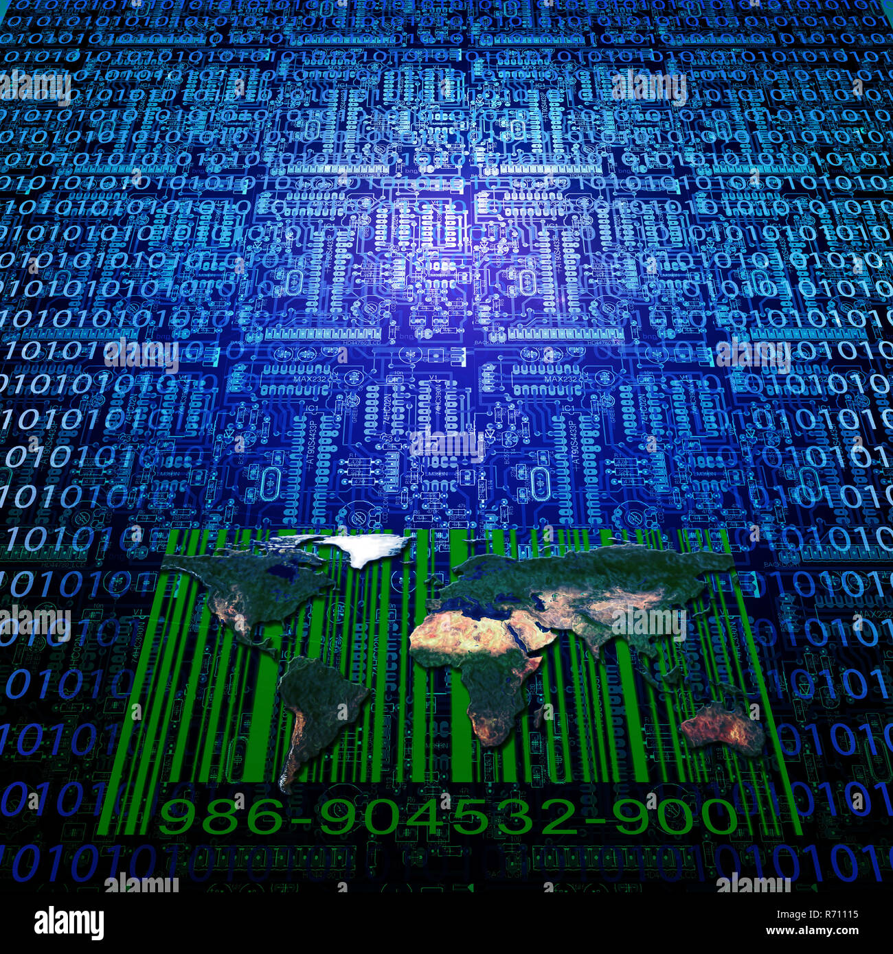 Binary code, world map and bar code Stock Photo - Alamy