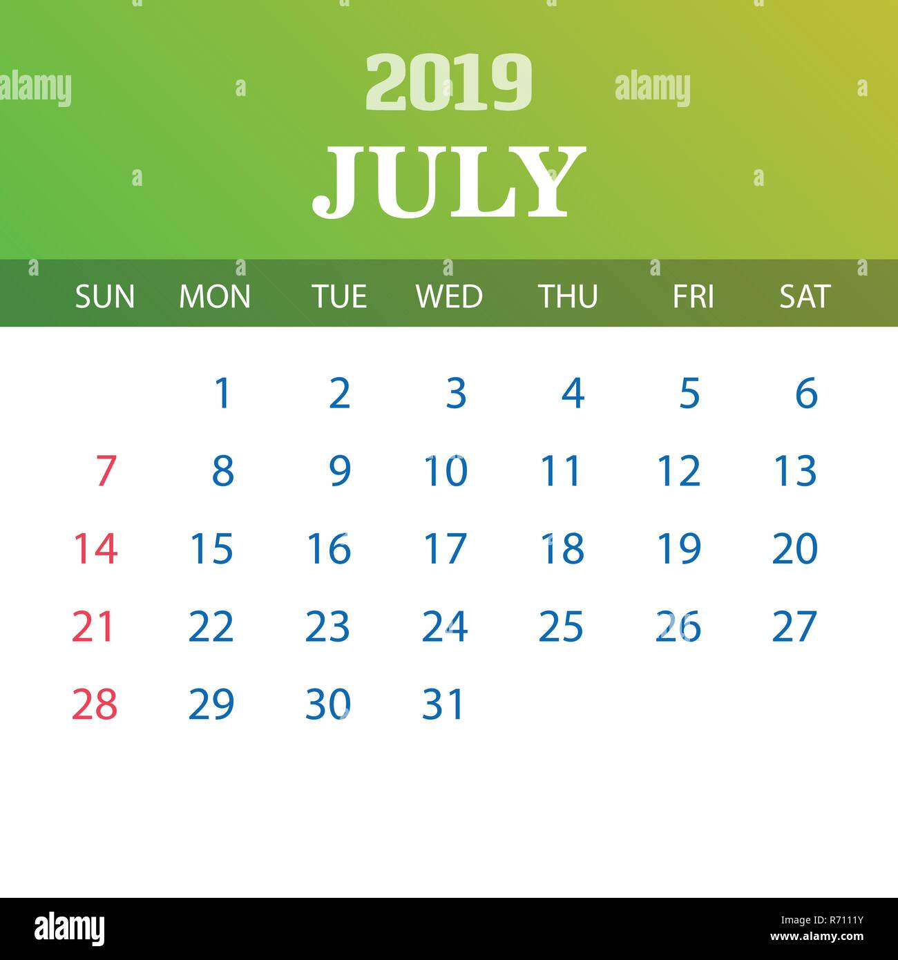 2019 Calendar Template - July Stock Vector Image & Art - Alamy