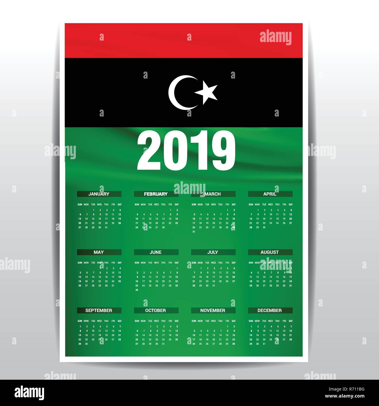 Calendar 2019 Libya Flag background. English language Stock Vector ...