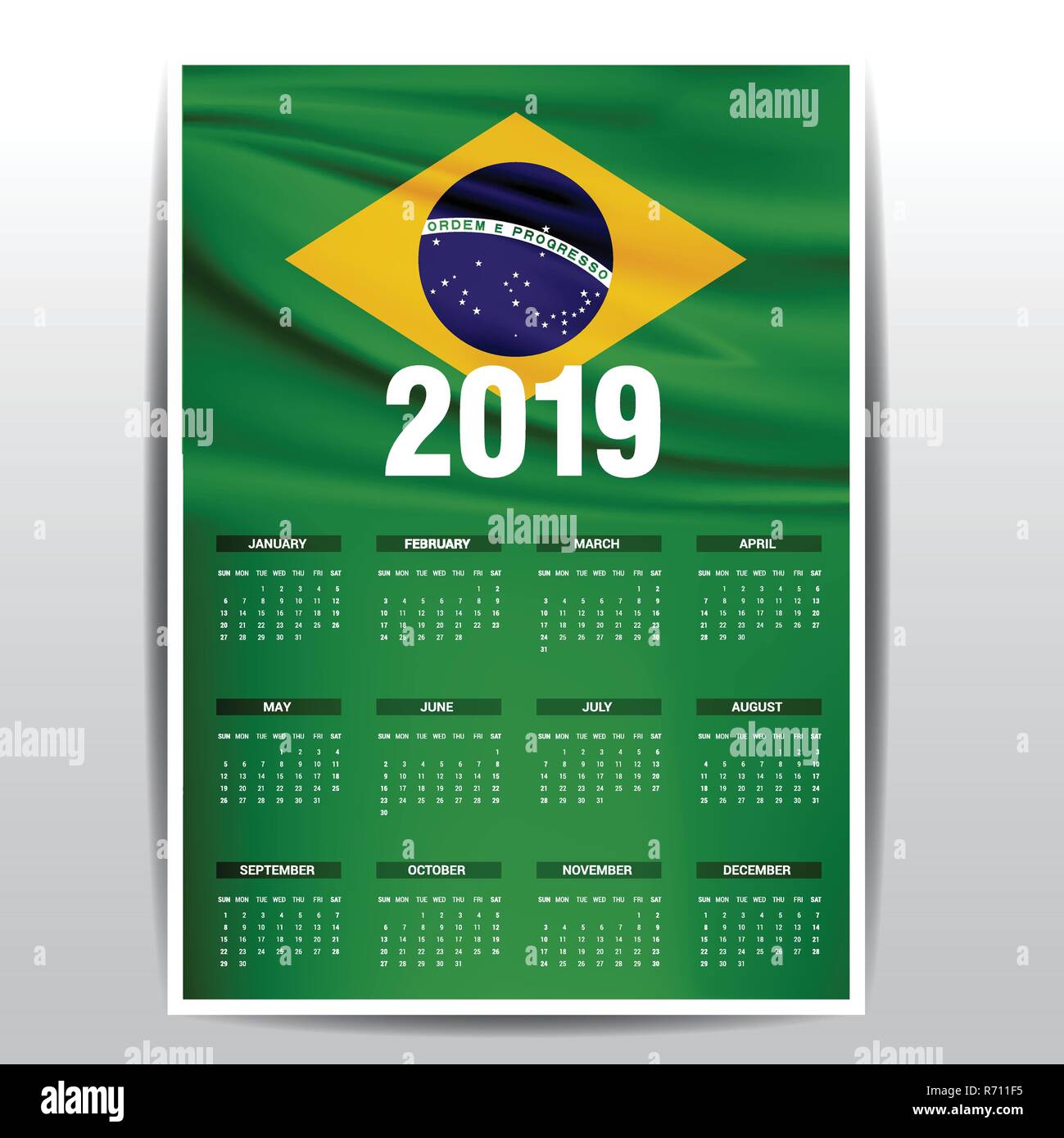 Calendar 2019 Brazil Flag background. English language Stock Vector ...