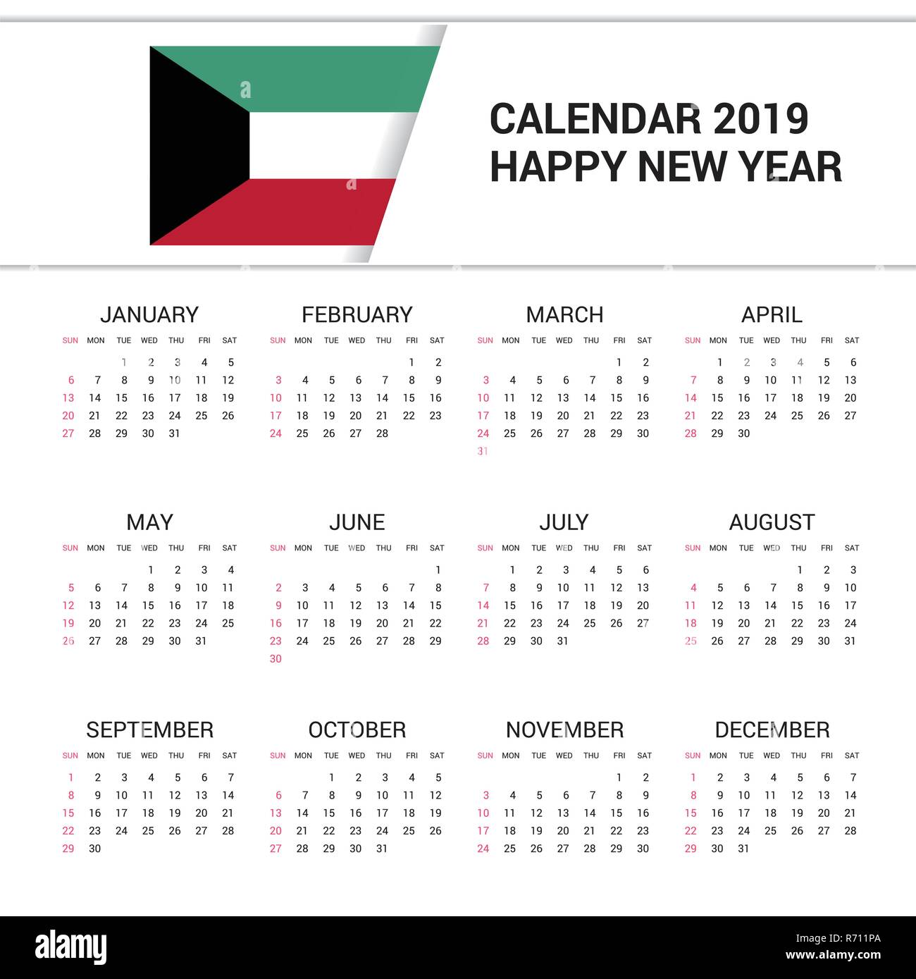 Calendar 2019 Kuwait Flag background. English language Stock Vector ...