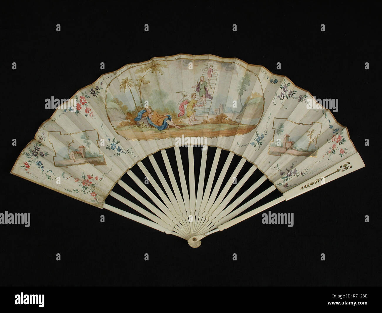 Folding fan with ivory frame and multicolored painted parchment cover ...