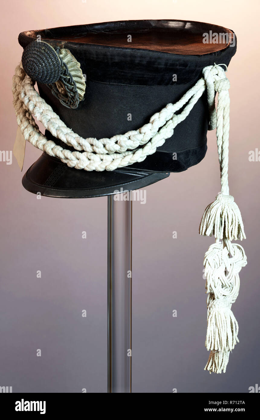 Shako made of black felt, leather top and flap, velvet edge, garnished ...