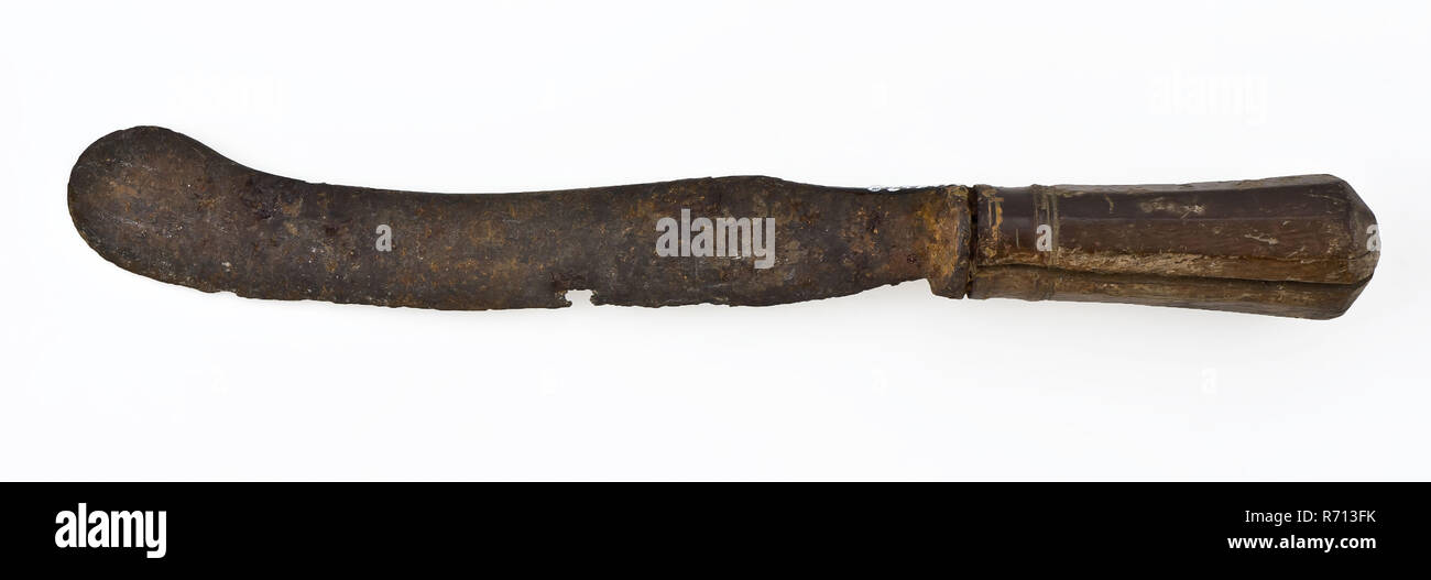 Knife with curved blade and rounded end, with versatile wooden handle ...