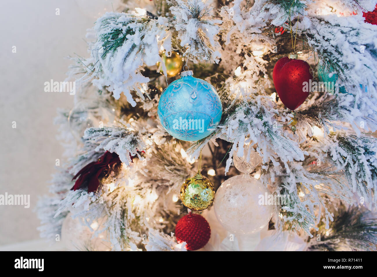 Christmas background - baubles and branch of spruce tree Stock Photo ...