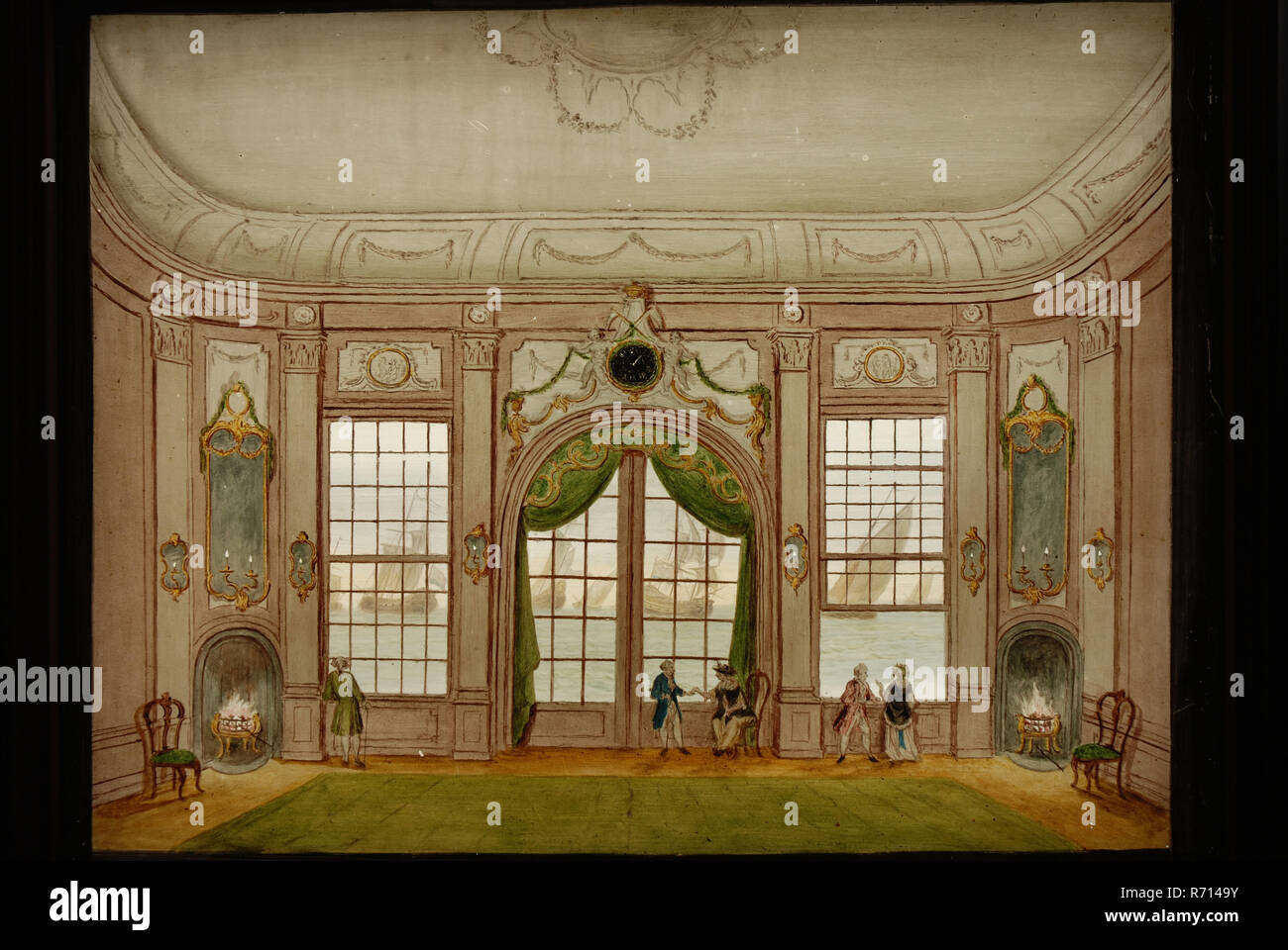 Perspective cupplate with two painted glass plates, room with sea view ...